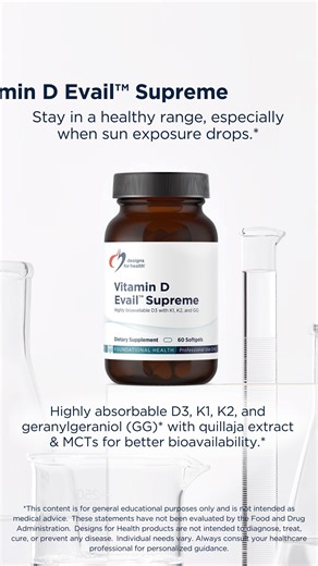 It’s nicknamed the “sunshine vitamin” for a reason. If you invest in one supplement this year, consider Vitamin D Evail™ Supreme — now FSA/HSA eligible.* Vitamins D3, K1, and K2, and GG (geranylgernaniol) with quillaja extract (a saponin native to Chile) can help support your immune, bone, and arterial health — and maintain a healthy vitamin D range when you’re spending less time in the sun.* https://dfhsocial.com/3KJi2ah #DesignsForHealth #DesigningAWellWorld *All Designs for Health products ar