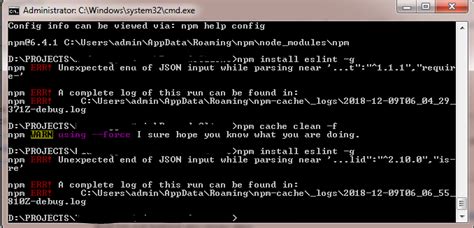 node js npm err unexpected end of json input while parsing near