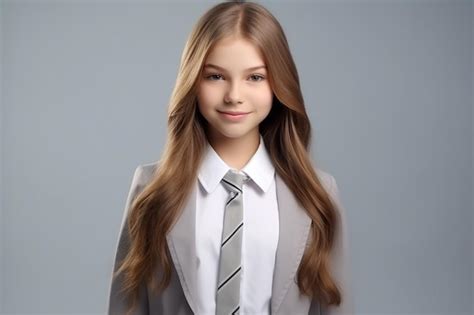 きれいな背景に校服を着た長い ⁇ で笑顔の美しいロシア人の女の子の肖像画 プレミアム写真
