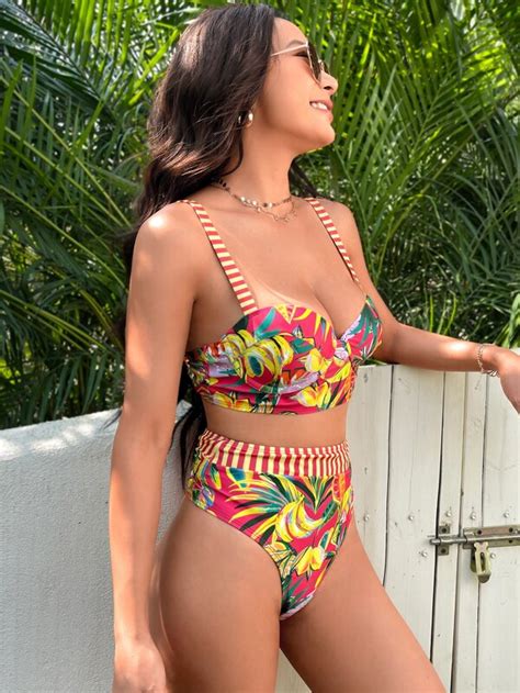 Tropical Print Push Up Bikini Swimsuit Shein Uk