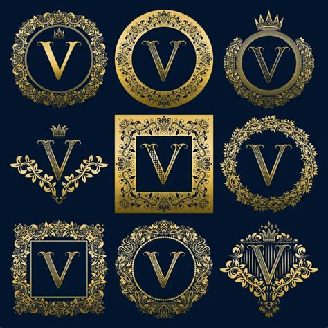 Monogramas Vintage Conjunto De Letra M Logotipos Heráldicos Dourados