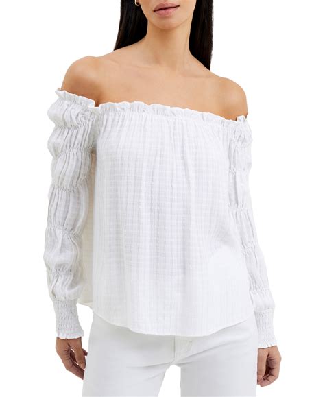 French Connection Womens Birch Seersucker Smocked Bardot Top In Linen