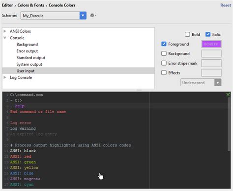 configuring color scheme for consoles help intellij idea