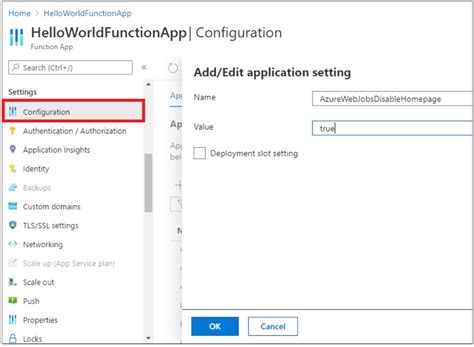 disable azure functions app home screen