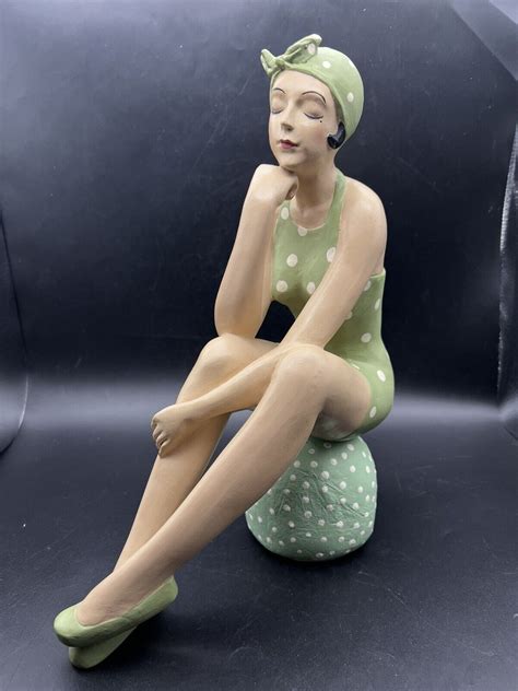 Retro Bathing Beauty Figurine Statue Wearing 1920s Swim Suit W Beach