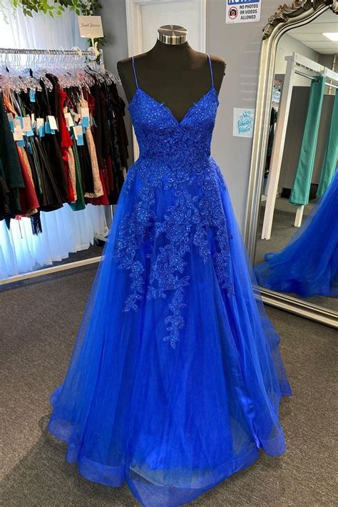Royal Blue Appliques Deep V Neck Lace Up A Line Tulle Long Prom Dress
