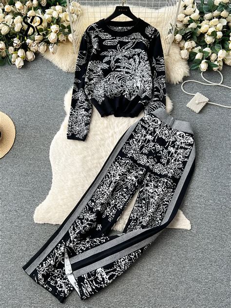 Singreiny Winter Print Sweater Two Pieces Suits Loose Warm Pullovers
