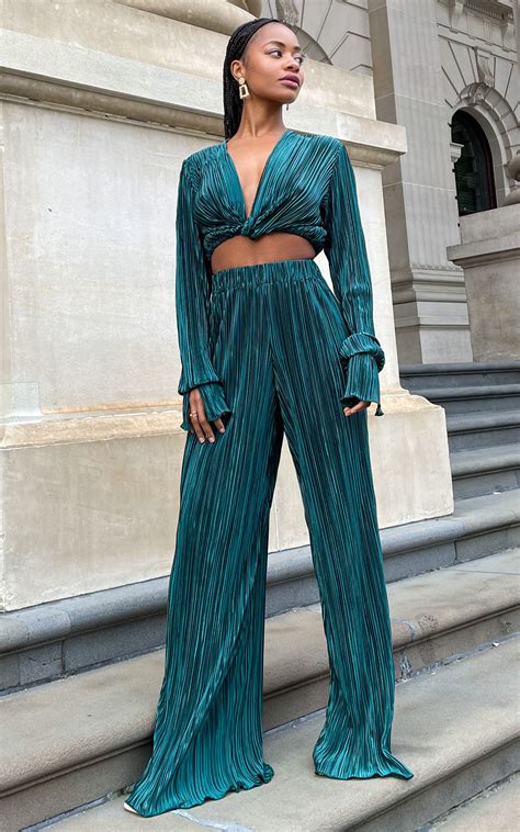 Aluna Two Piece Set Plisse Twist Front Crop Top And Wide Leg Pants