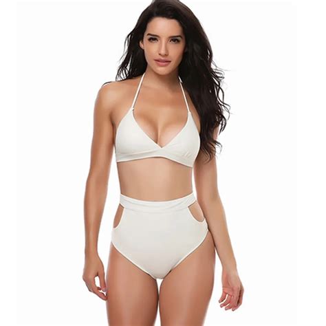 Sexy Solid Halter High Waist Bikini Set Women Sexy Push Up Padded Bras