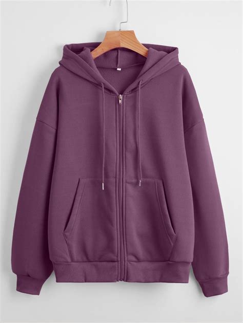 Solid Zip Up Drawstring Drop Shoulder Thermal Lined Hoodie Hoodies