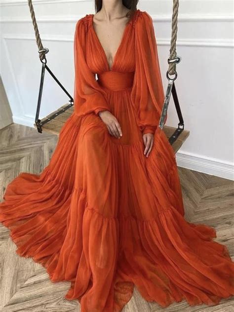 A Line Long Sleeves Orange Modest Prom Dresses Pd018 In 2021 Prom