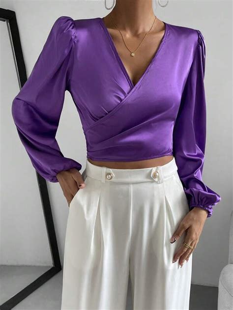 Shein Privé Surplice Neck Lantern Sleeve Crop Satin Blouse Shein Usa