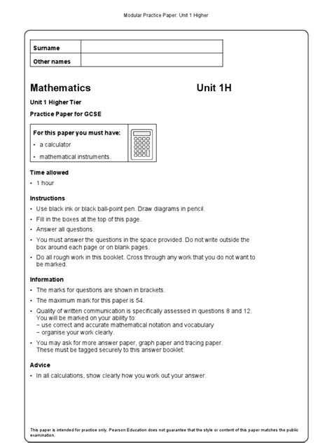 Gcse Maths Past Paper Higher Unit 1 Practice Paper For Aqa Gcse Maths