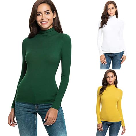 Womens Long Sleeve Solid Slim Soft And Comfortable Fit Turtleneck Tee