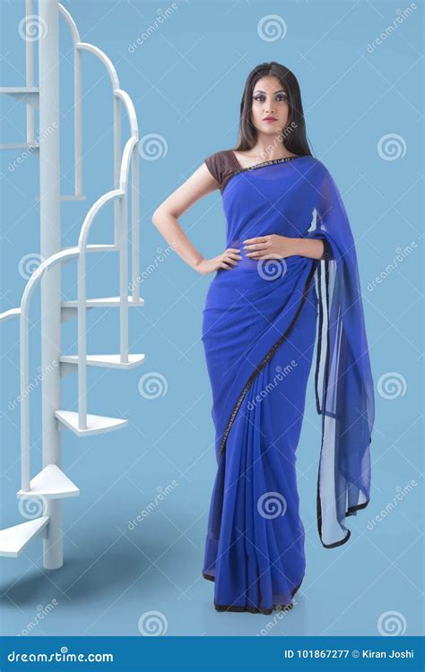 Indian Woman In Blue Georgette Saree Stock Image Image Of Earing