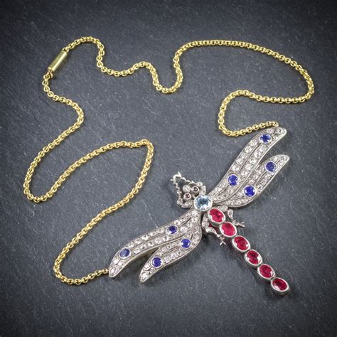 Dragonfly Pendant Necklace Ruby Diamond Sapphire Aquamarine Antique