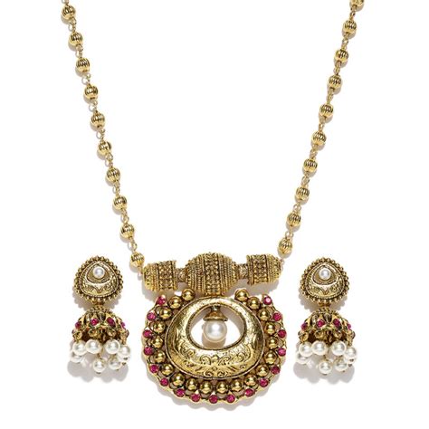 Buy Zaveri Pearls Antique Gold Tone Long Traditional Necklace And Set