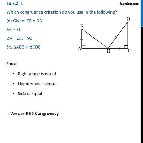 Given Eb Db Ae Bc ∠a ∠c 90° So ∆abe ≅ ∆cdb Class 7
