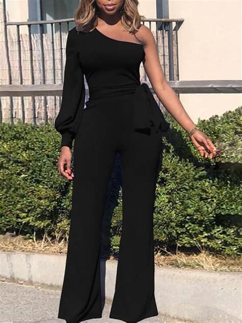 Boutiquefeel One Shoulder Bishop Sleeve Belted Jumpsuits Black One