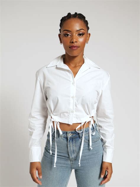 Long Sleeve Tie Waist Poplin Top White Legit