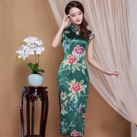 Spectacular Peony Flowers Mid Calf Qipao Cheongsam Dress Green
