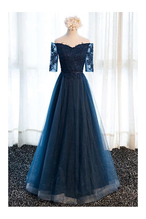 Gorgeous Navy Blue Long Tulle Prom Dress Off The Shoulder Sleeves