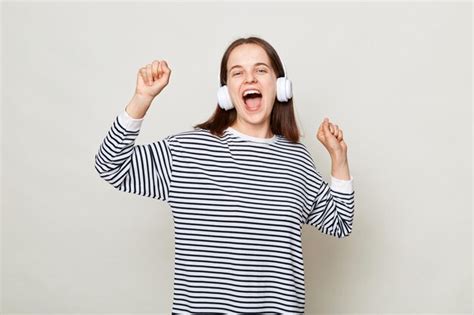 Premium Photo Positive Happy Cheerful Brown Haired Woman Wearing
