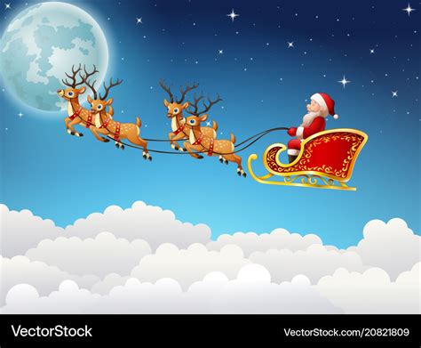 Santa Claus Rides Reindeer Sleigh Flying In Sky Vector Image