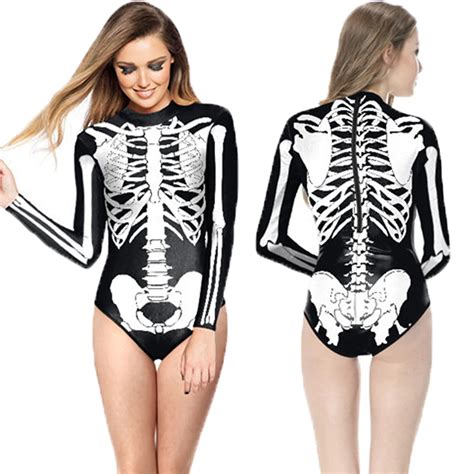 Cosplay White Skeleton Swimwear Punk Female Long Sleeve Bathing Suit