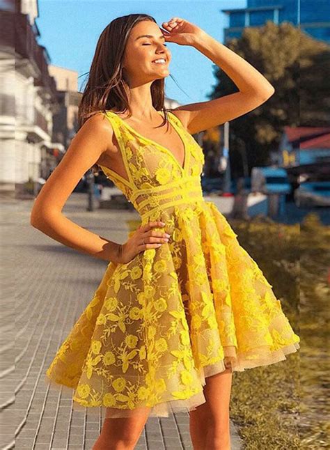 Yellow V Neck Lace Short Prom Dress Yellow Evening Dress – Trendty