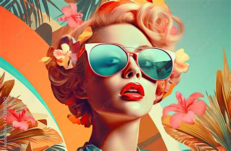 Retro Style Pastel Colors Summer Background Fashion Woman Wearing Big