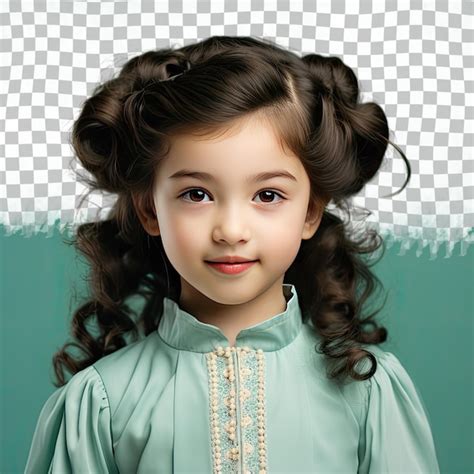 歴史的な服装を着た東アジアの民族の波紋の ⁇ の愛らしい幼稚園の女の子が ⁇ パステルミントの背景に肩越しのスタイルでポーズをとっています
