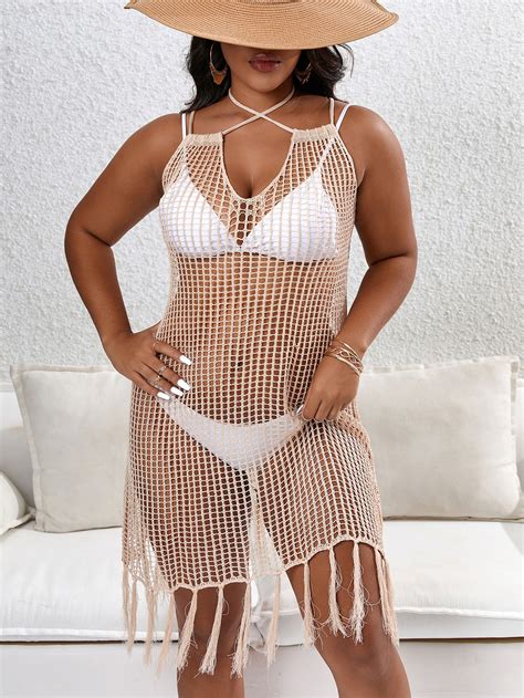 Plus Hollow Out Fringe Hem Crochet Cover Up Dress Without Bikini Set
