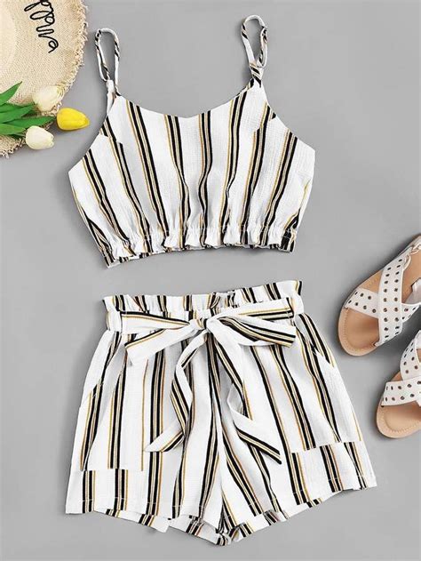 Shein Knot Back Striped Wrap Cami Boxed Pleated Shorts Set Artofit