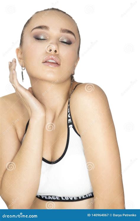Beauty Portrait Beautiful Brunette Woman Touching Her Face Wearing