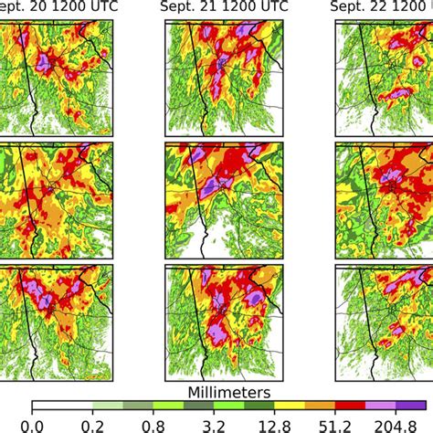 Daily Precipitation Totals From The Wrf Urban Simulation Mpe And Wrf