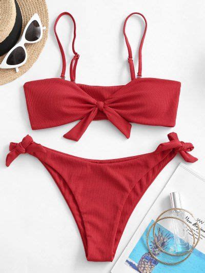 Zaful Ribbed Knotted Tie Bikini Swimsuit Light Blue Red Bikini