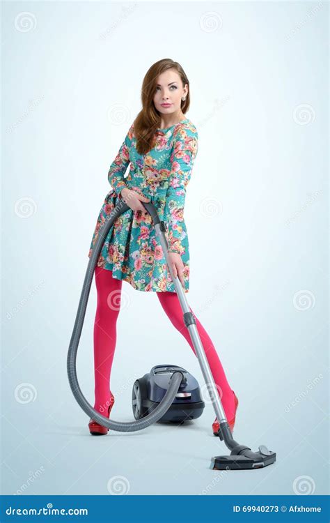 Young Fashionable Girl In Dress With Vacuum Cleaner Stock Image Image