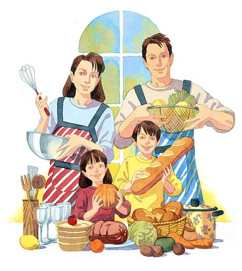 ファミリーイラスト キッチンで料理を始める家族