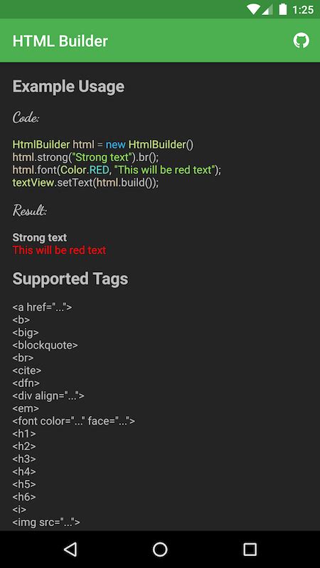 html builder sample code and directory of libraries for android
