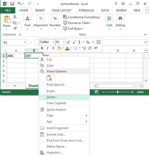 ms excel 2013 delete a column