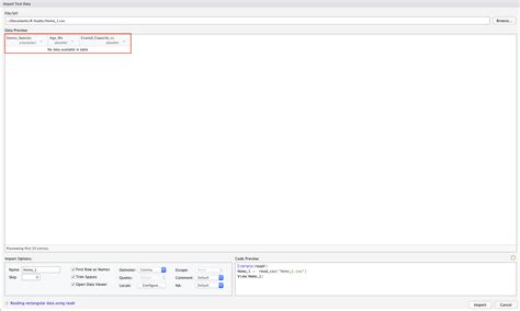no data available in table when importing csv file general