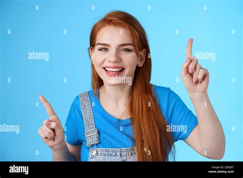 Close Up Cheerful Carefree Redhead Dancing Girl Pointing Up Raising