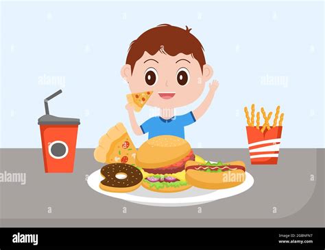 Un Niño Está Comiendo Comida Rápida Ilustración Vectorial De Fondo Con