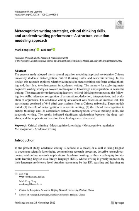 Pdf Metacognitive Writing Strategies Critical Thinking Skills And