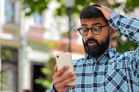 Surprised Indian Man Use Smartphone Loses Bad News Fortune Loss Fail