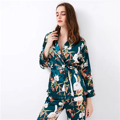 New Pajamas Set For Women Sexy Satin Silk Robe Pants Sleepwear Floral