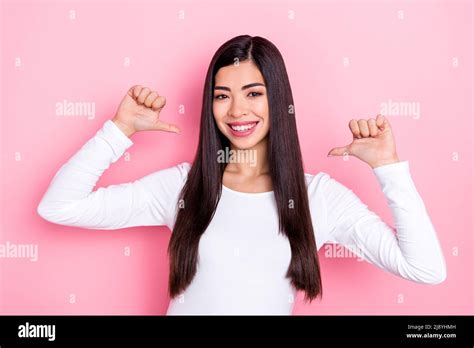Photo Of Funky Millennial Brunette Lady Index Herself Wear Trend Cloth