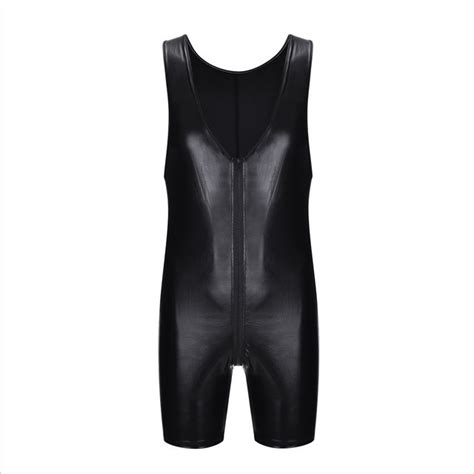 Mens Wet Look Latex Catsuit Faux Leather Mesh Jumpsuits Black Stretch