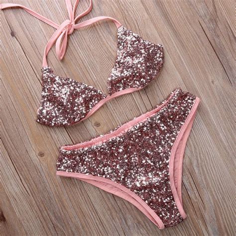 Swimsuits Halter Swimsuit Bandage Bathing Suit Bling Sequin Swimwear